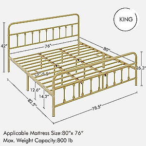 Topeakmart King Size Victorian Style Metal Bed Frame with Headboard/Mattress Foundation/No Box Spring Needed/Under Bed Storage/Strong Slat Support Antique Gold