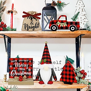 Christmas Tiered Tray Decor Set - Christmas Decorations Indoor, Rustic Farmhouse Wood Bead Garland Buffalo Plaid Gnome Christmas Wooden Sign for Home Kitchen Table Mantel Party Decor