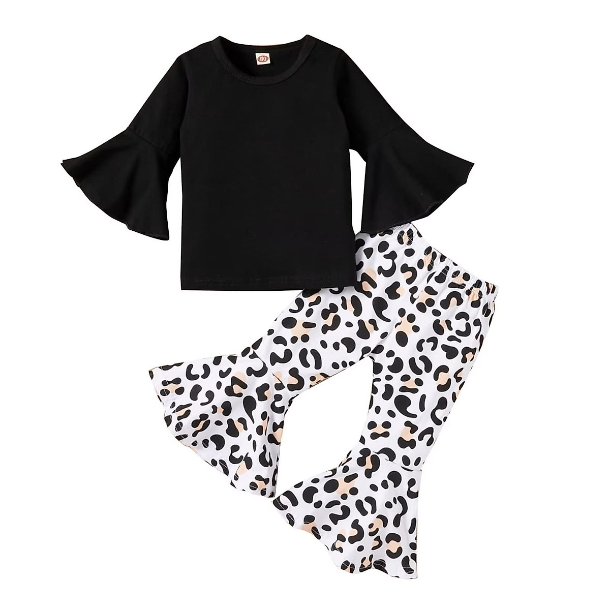 Little Toddler Baby Girl Bell-Bottom Pants Leggings Outfit Flared-Sleeve Top + Leopard Print Flared Trousers Suit