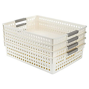 Bekith 4 Pack Plastic Storage Tray Basket, A4 Paper Storage Organizer Basket, Classroom Office School File Holder, 14 Inches x 10 Inches x 3.4 Inches, White