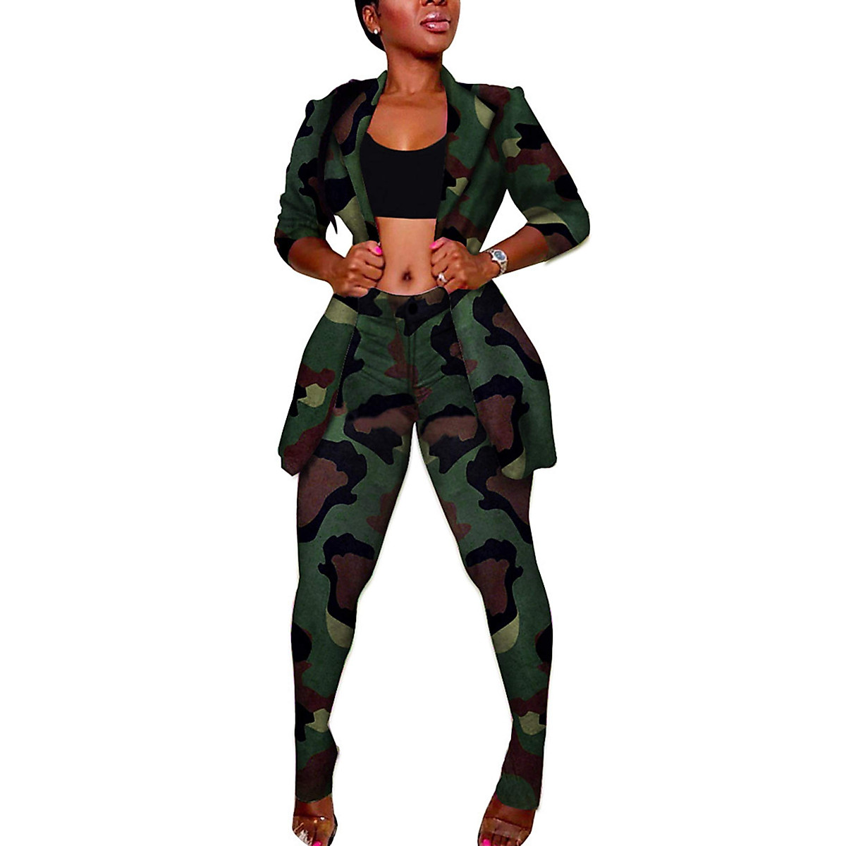 2 Piece Outfits for Women Camouflage Print Long Sleeve Blazer and Skinny Long Pants Set Clubwear