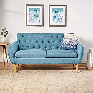 Christopher Knight Home Bernice Mid-Century Modern Tufted Fabric Sofa, Blue / Natural