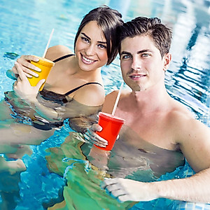 Rolling Sands 16 Oz. Reusable Plastic Stadium Cups with Lids, 6 Pack, USA Made Tumblers and Lids, Includes 6 Reusable Straws; Dishwasher Safe, Translucent Neon Pink