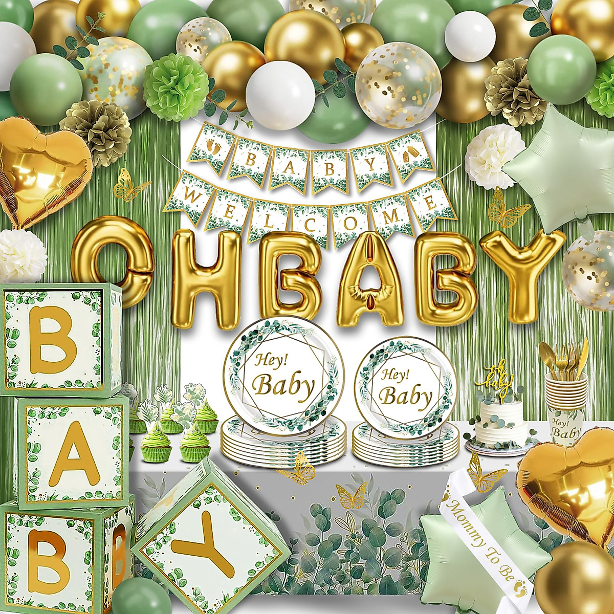 Sage Green Baby Shower Decorations,All In One Set,Neutral Baby Shower Supplies Kit, With 4 Balloon Blocks,12 Tableware Sets, Disposable Plates, "OH BABY" Balloons,Sage Baby Shower Tablecloth, Toppers