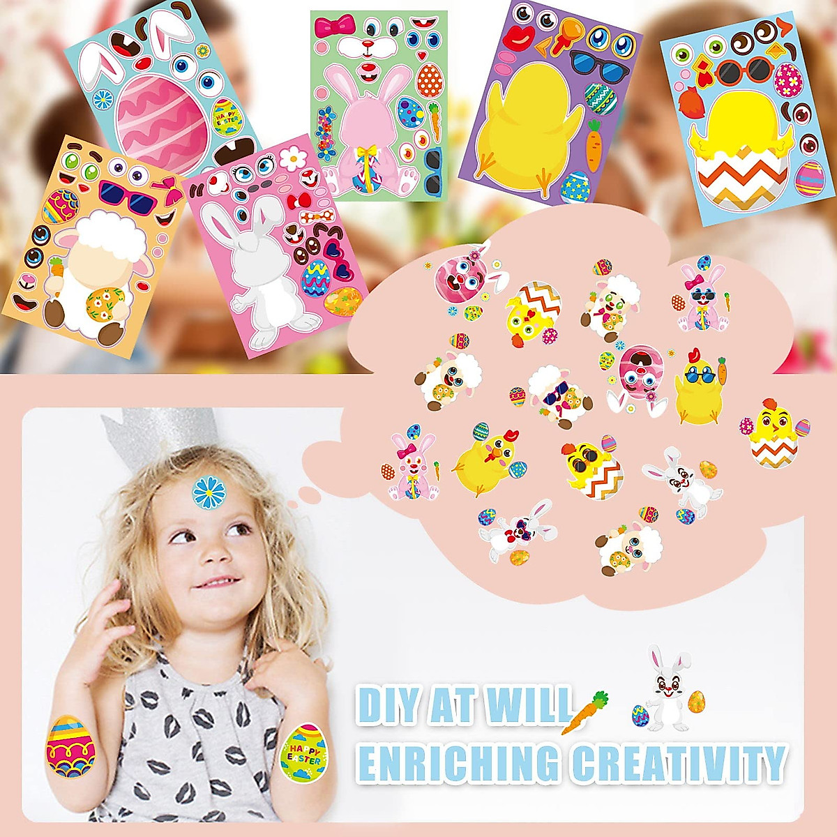 GonLei 24pcs Easter Stickers for Kids, Make Your Own Easter Sticker for Boys Girls, Easter Eggs Bunny Chick Farm Animal Lamb Face Stickers for Family Schools Classroom Activities Party Favor Supplies