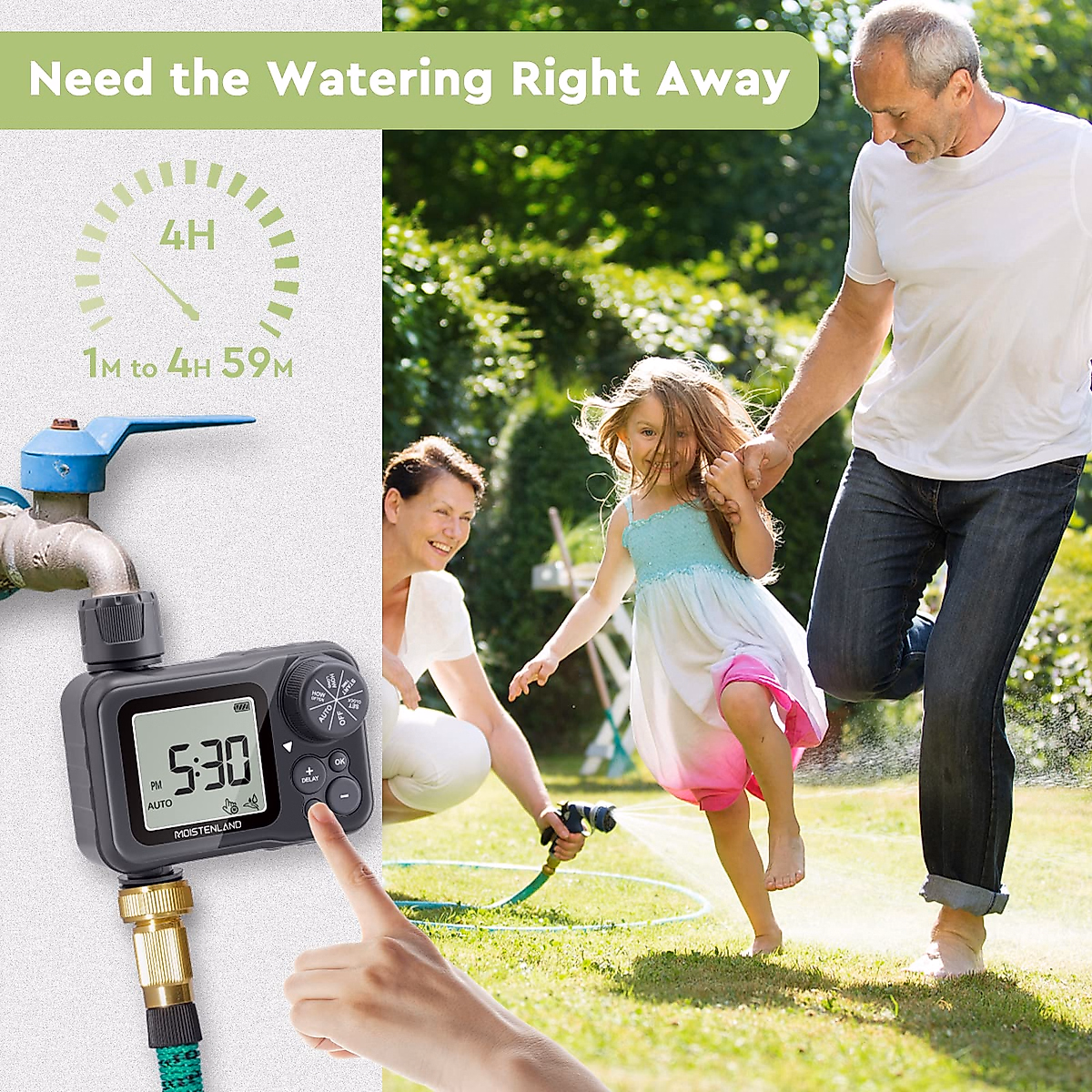 Moistenland Sprinkler Timer, Water Timer for Garden Hose, Water Hose Timer Outdoor, with Rain Delay/Manual/Automatic Watering System, IP54 Waterproof, 2.6 Inches Large Screen(1 Outlet)