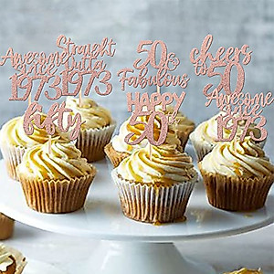 24 PCS Happy 50th Birthday Cupcake Toppers Glitter Fifty Straight Outta 1973 Cupcake Picks Cheers to 50 Fabulous Awesome Since 1973 Cake Decorations for 50th Birthday Party Supplies Rose Gold