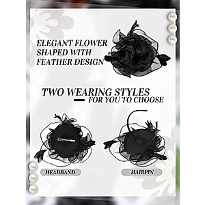 Bonuci 4 Pcs 50s Fascinator Hat for Women Black Funeral Veil Hat Tea Party Headpiece Lace Glove Pearl Necklace Earring(Elegant Style)