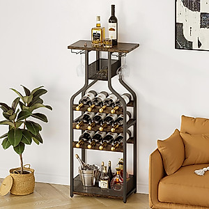 GAOMON Metal Wine Rack Wine Bottle Holders Stands Freestanding Floor, Wine Storage Organizer Display Rack Table Wine Glass Rack for Bar Kitchen Dining Living Room, Small Spaces (Rustic Brown)
