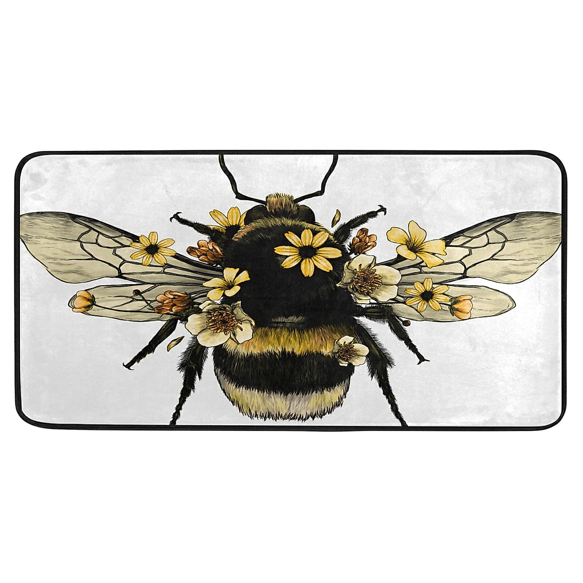 Bees Spring Kitchen Rugs Flowers Summer Bath Mat for Bathroom Absorbent Non Skid Washable Standing Floor Desk Mat Runner Carpet for Home Office Hallway Sink Stove Laundry 39X20 inches