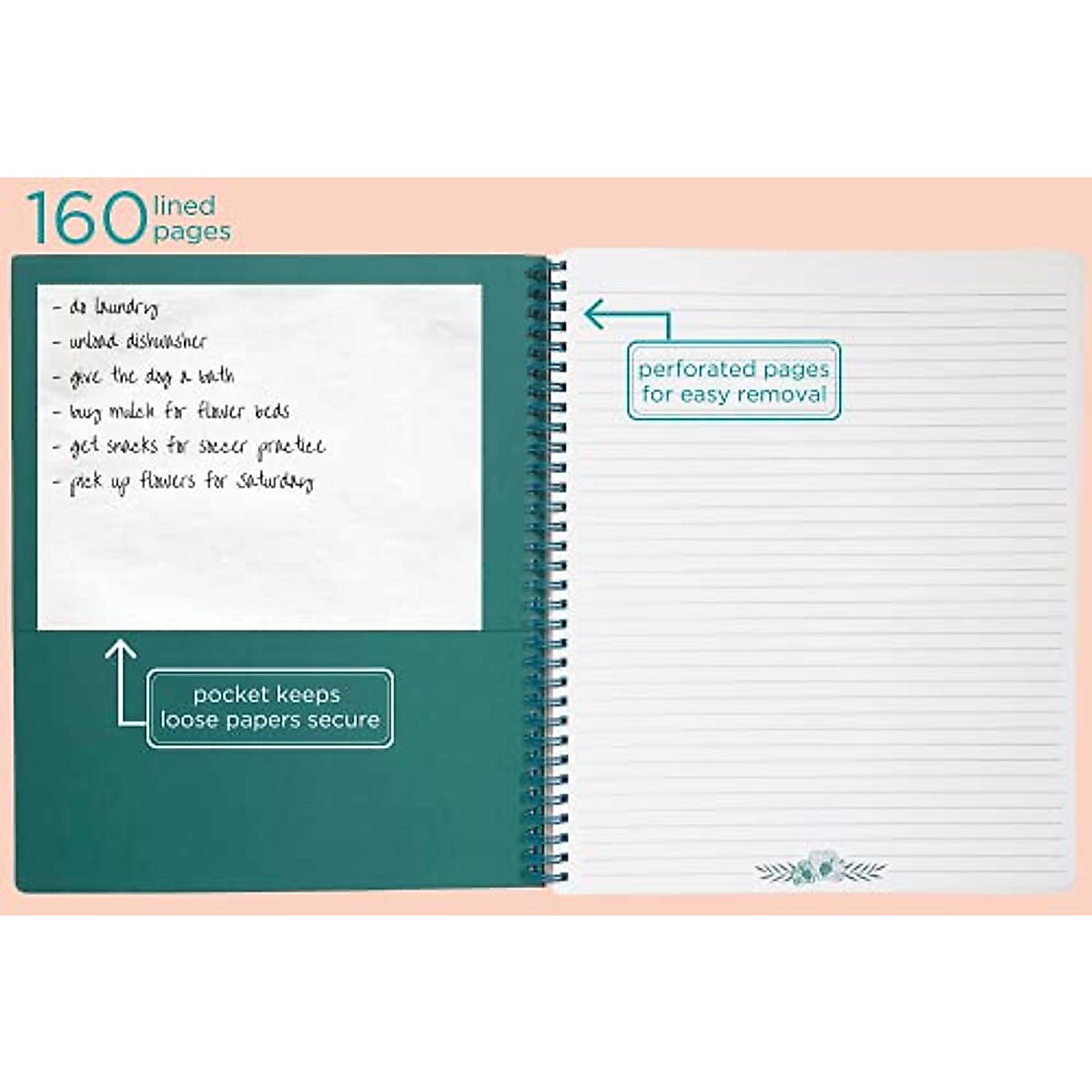 Steel Mill & Co Cute Large Spiral Notebook College Ruled, 11" x 9.5" with Durable Hardcover and 160 Lined Pages, Garden Blooms (Cream)