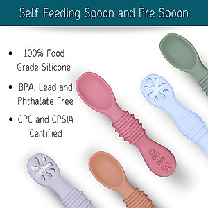 Cozinester Silicone Baby Spoon & Pre-Spoon - Baby Spoons Self Feeding 6 Months, Bendable Toddler Utensils, Baby Led Weaning Supplies | BPA Free & Boil-proof (Set of 2) (Dark Pink)