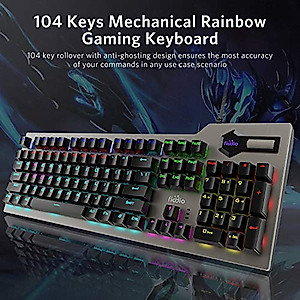 FIODIO Mechanical Gaming Keyboard, Wired RGB Rainbow Backlit Keyboard with Blue Switches, Ergonomic Standard Keyboard for Desktop, Computer, PC