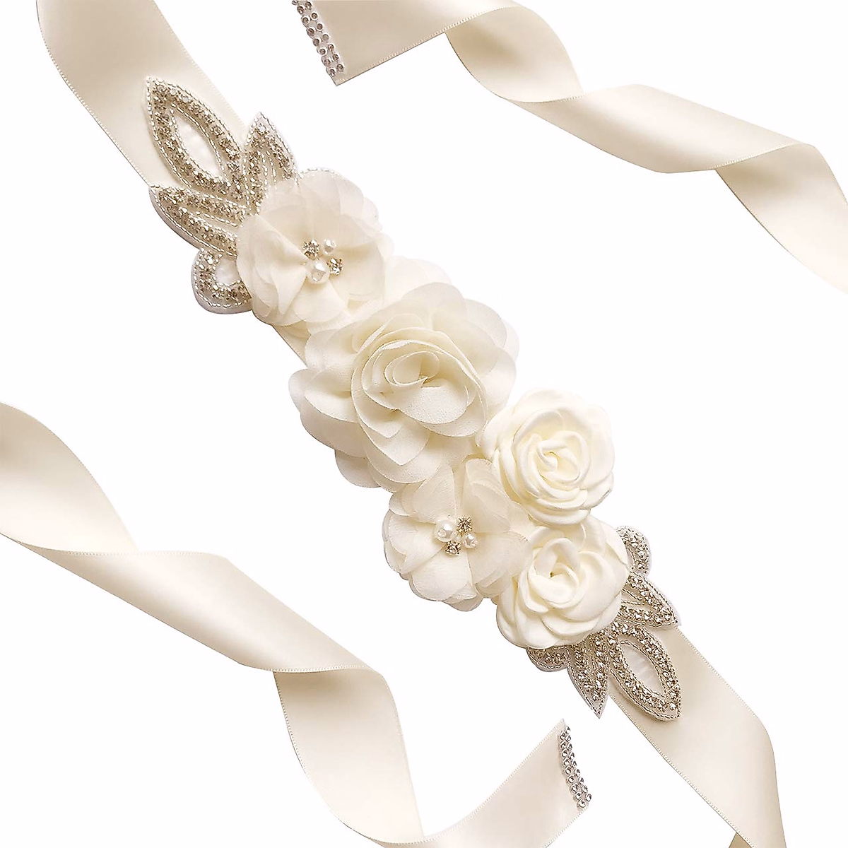 Ayliss Bridal Wedding Sash Belt with Flowers Pearls Rhinestone Dress Maternity Waist Belt Brides Bridesmaids (Ivory #1)