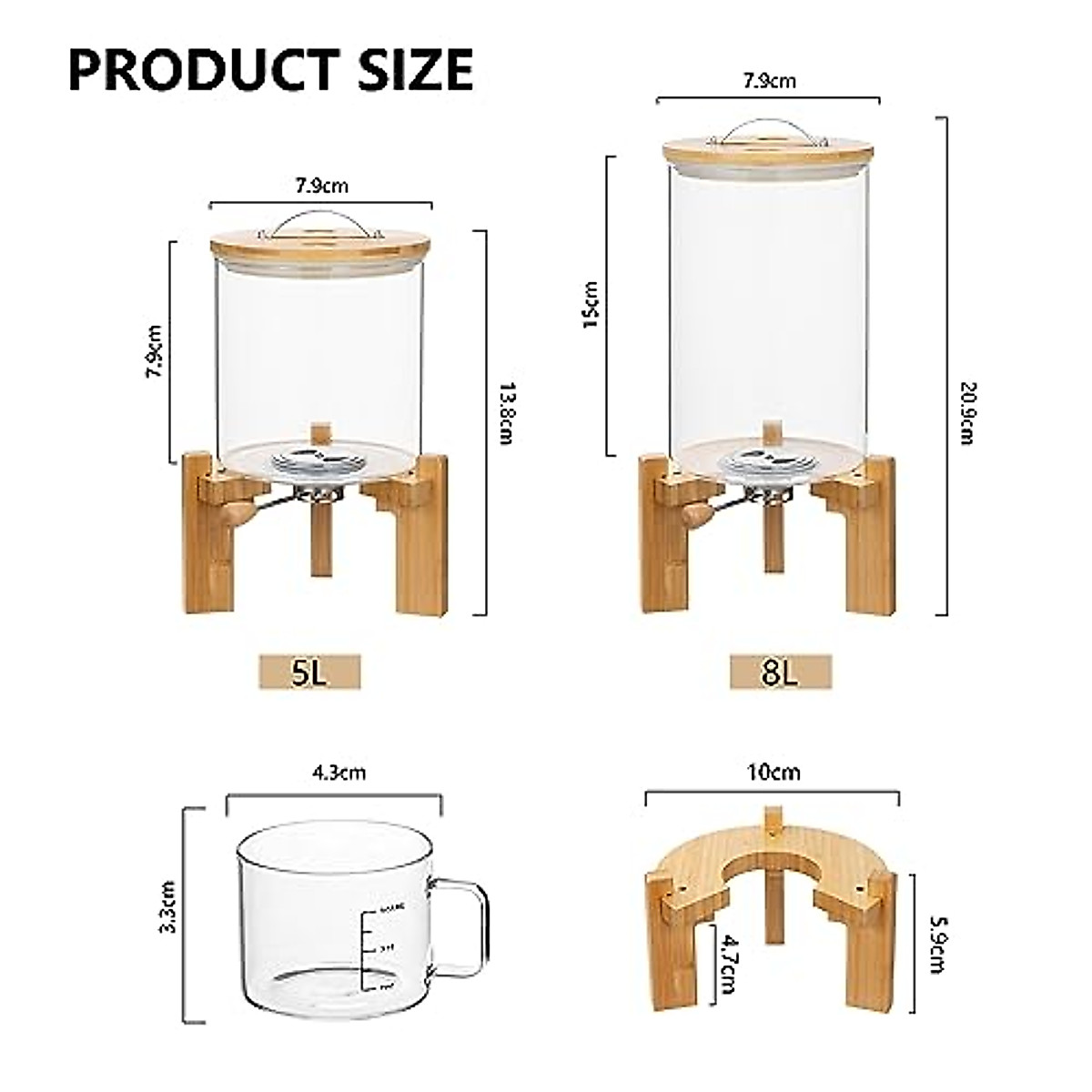 HBlife Glass Rice Dispenser with Wooden Stand Flour and Cereal Container with Glass Measuring Cup Pantry Food Organization Storage Bin with Airtight Bamboo Lid, 5L