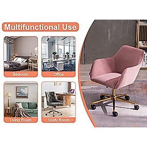 Velvet Desk Chair Height Adjustable - Modern Office Chair Vanity Chair for Makeup Room, Soft Upholstered Office Chair Accent Chairs with Wheels, Pink Velvet Chair Swivel Chairs for Living Room Bedroom