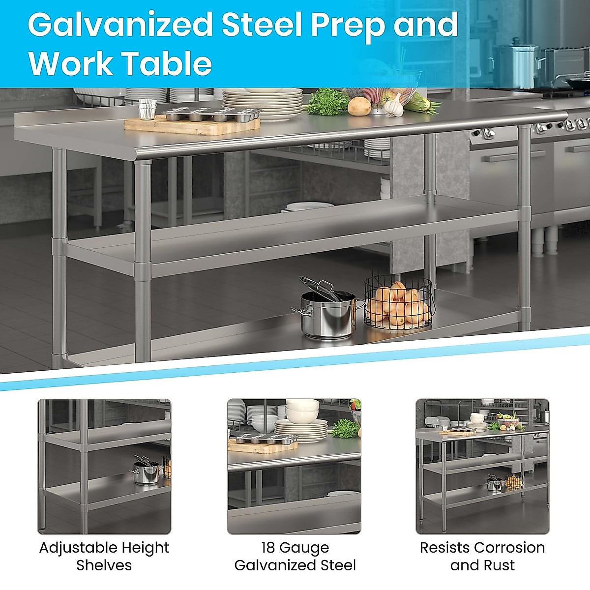 Flash Furniture Randolph Stainless Steel 18 Gauge Work Table with 1.5" Backsplash and 2 Undershelves - 60"W x 24"D x 36"H, NSF