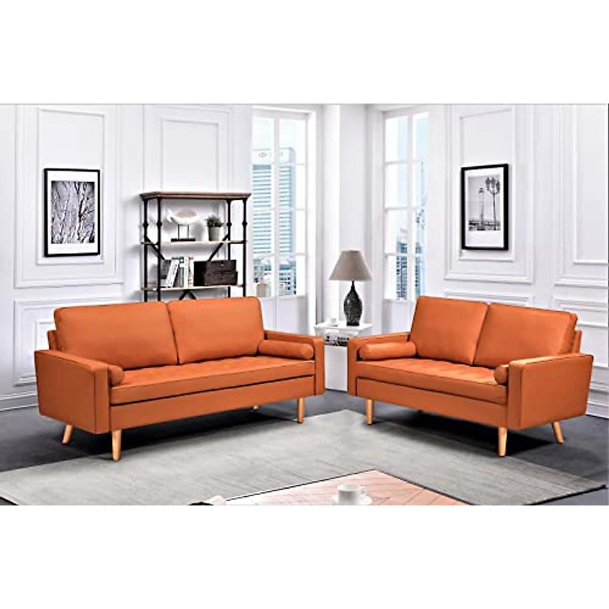 Container Furniture Direct Faux Leather Sofa for The Modern Living Room with Removable Cushions and Solid Wood Legs, Luxury Style Button-Tufted Loveseat, 58" Wide, Red Orange