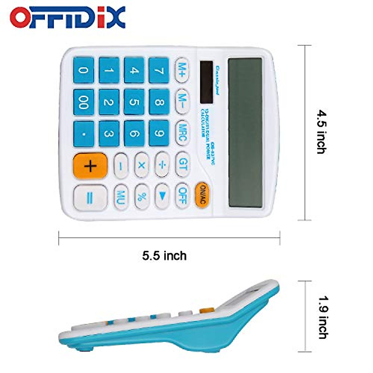 OFFIDIX Office Desktop Calculator, Solar and Battery Dual Power Electronic Calculator Portable 12 Digit Large LCD Display Calculator, Calculators Large Display Blue