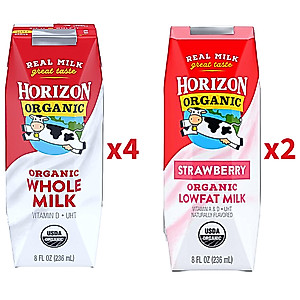 Organic Milk, Horizon Organic Whole Milk | Shelf Stable Milk, Grass Fed Milk Assortment of Plain, Vanilla, Chocolate, & Strawberry, Lowfat On-The-Go Milk Boxes for Kids & Adults| Includes Calcium, Vitamin A, Vitamin D & 8g of Protein, Non GMO Milk 8 Fl Oz