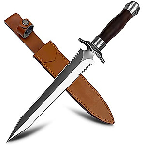 MADSABRE Fixed Blade Hunting Knife Saber with Leather Sheath, 15 Inches Outdoor Survival Tactical Knives, Double Edged Serrated Dagger Wood Handle