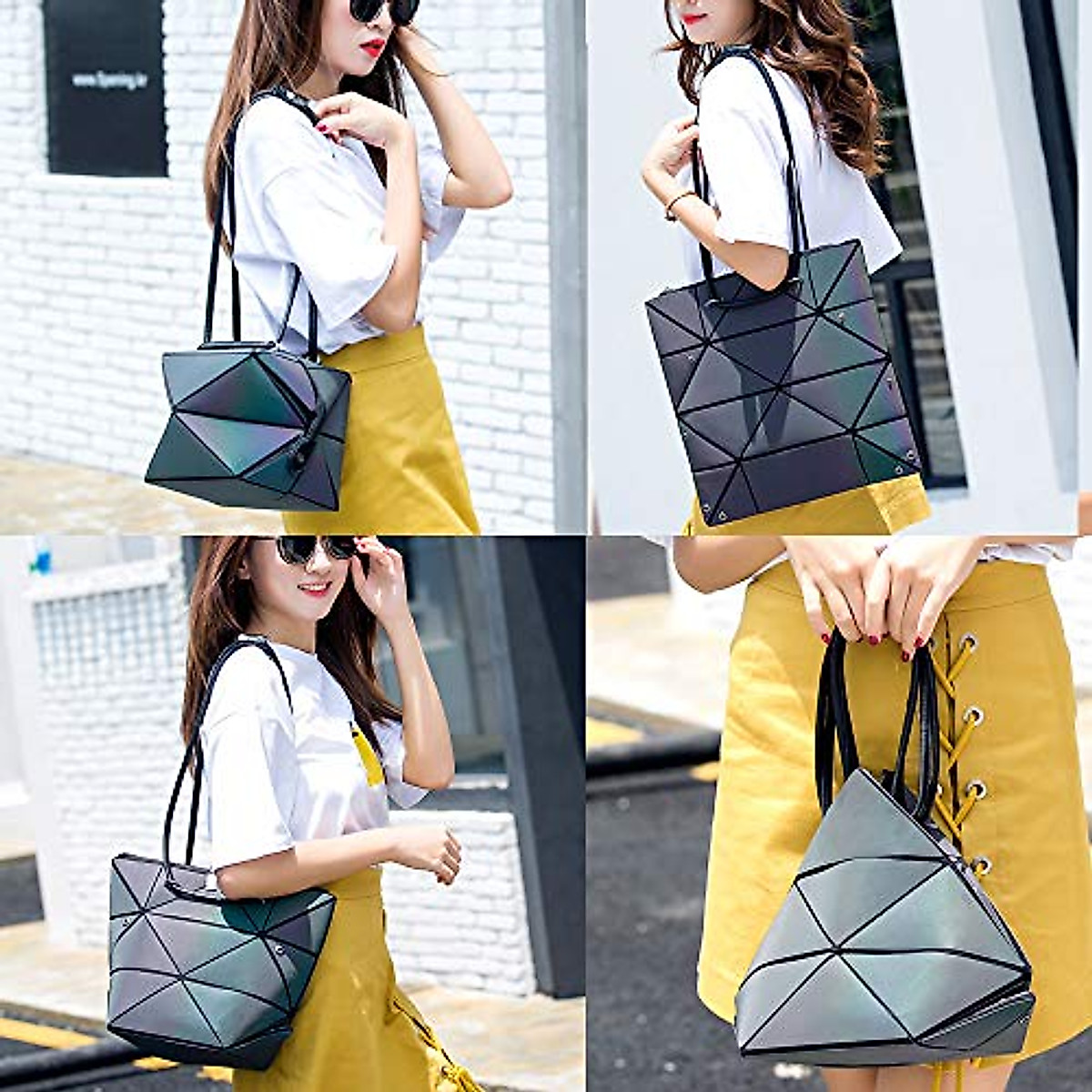 Luminous Changeable shape Geometric Women Shoulder Bag, Premium Reflective Purses Top Handle Satchel Large Handbags Holographic (Luminous)