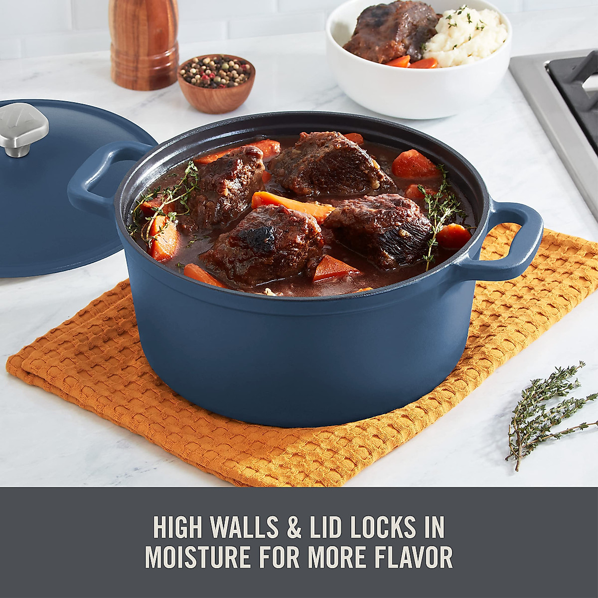 DASH Zakarian by DASH 4.5 Qt Nonstick Cast Iron Dutch Oven, Titanium Ceramic Nonstick Pot with Lid and Handles, Blue