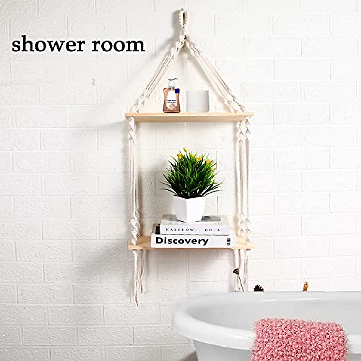 levylisa Macrame Wall Hanging Shelf 2 Tier Boho Shelves Organizer Hanger Floating Shelve for Kitchen, Bathroom, Home Storage, Floating Indoor Plant Wall Shelf