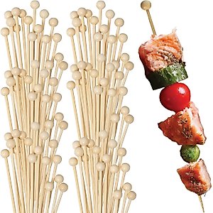 Eco-friendly Natural Wooden Ball Food Picks - 4.7" (Pack of 100) - Sustainable Skewers And Bamboo Picks for Fruits, Appetizers, & Cocktails For Parties, Casual Dining & More