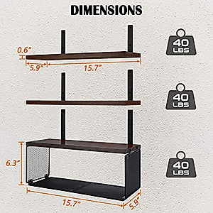 GIOTORENT Floating Shelves Wall Mounted Set of 3, Wood Bathroom Shelves Over Toilet with Paper Storage Basket,Wood Wall Shelves for Wall Decor, Bathroom, Bedroom, Living Room,Rustic Brown