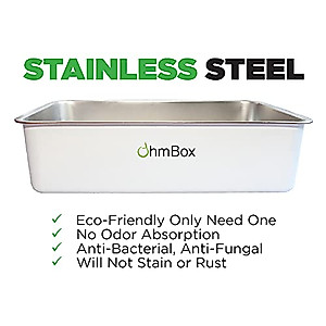 Ohm Earth’s OhmBox - Stainless Steel Cat Litter Box, Extra Large (23.5” x 15.5” x 6.1”) Never Absorbs Odors/Stains/Rusts, Non-Stick Smooth Surface, Easy Cleaning + Non-Slip Rubber Feet. Qty 1 White