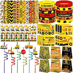 Construction Party Favors 72 PCS Construction Engineering Slap Bracelet Temporary Tattoos Silicone Bracelets DIY Stickers Plastic Straws Gift Bags for Kids Boys Construction Truck Vehicle Theme Birthday Party Goodie Bag Fillers
