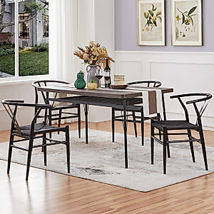Yaheetech Set of 4 Weave Chair Mid-Century Metal Dining Chair Y-Shaped Backrest Hemp Seat, Large Black