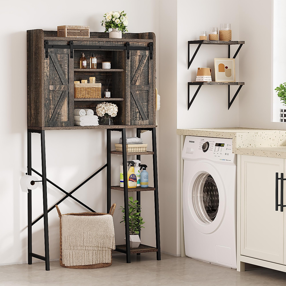 YITAHOME Over The Toilet Storage Cabinet, Bathroom Shelves Over Toilet Above Toilet Storage with Side Storage Rack, Tissue Reel and Hooks Over The Toilet Organizer for Bathroom, Laundry, Oak