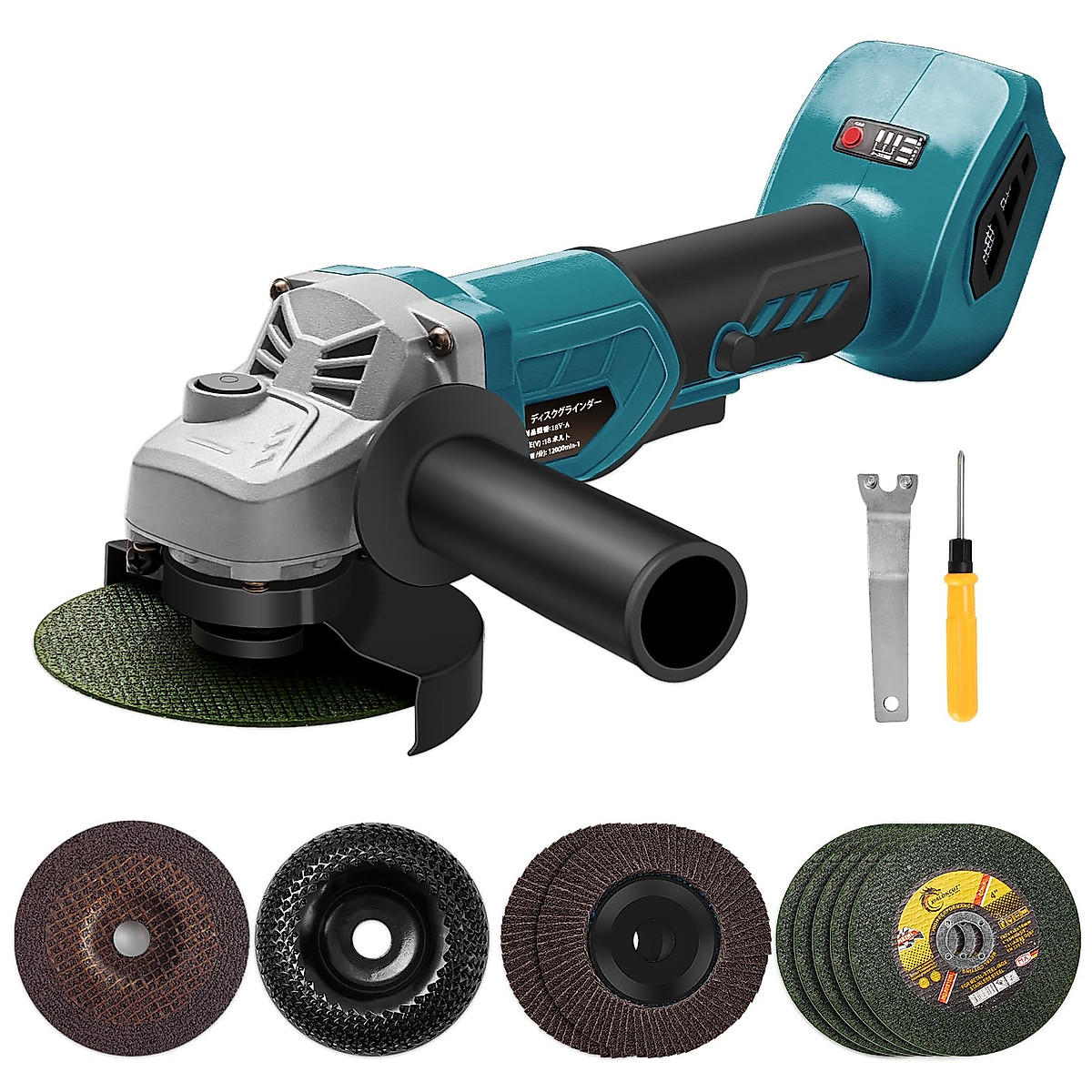 Angle Grinder, 4inch Cordless Angle Grinder with 9 Grinding Wheels,12000RMP 18V/21V Power Grinder, Cutting/Deburring/Derusting Grinder Tool (No Battery)