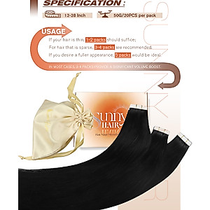 Sunny Hair Tape in Hair Extensions Human Hair Black 22 Inch Hair Extensions Real Human Hair Tape in Extensions Invisible Tape in Human Hair Extensions Seamless Hair Extensions Jet Black 50g 20pcs