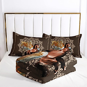 AILONEN Galloping Horse Comforter Set Queen Size, Bohemian Style Brown Running Horse Print Bedding Set,Nature Wildlife Theme Quilt Set for Teens Boys Girls 3Pcs(1 Comforter + 2 Pillowcases)