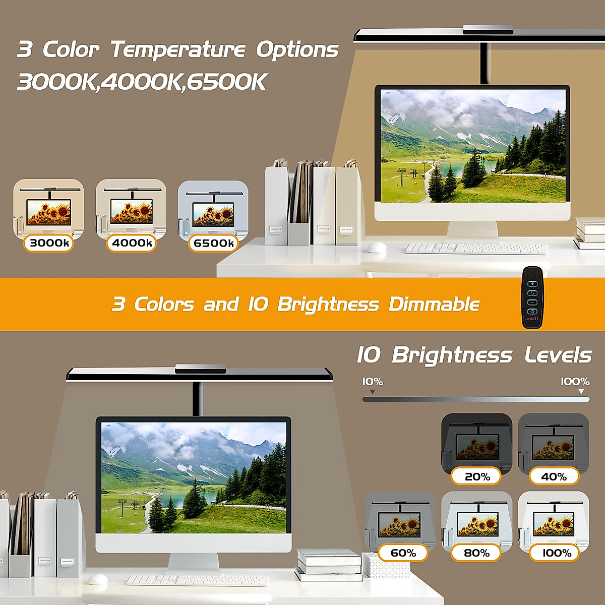 litren Clip On Desk Lamps for Office Home Desk Lights with Clamp with 3 Light Modes,10 Brightness 10W USB Adapter Adjustable LED Clamp Light for Computer Desktop Workbench Monitor Lamp