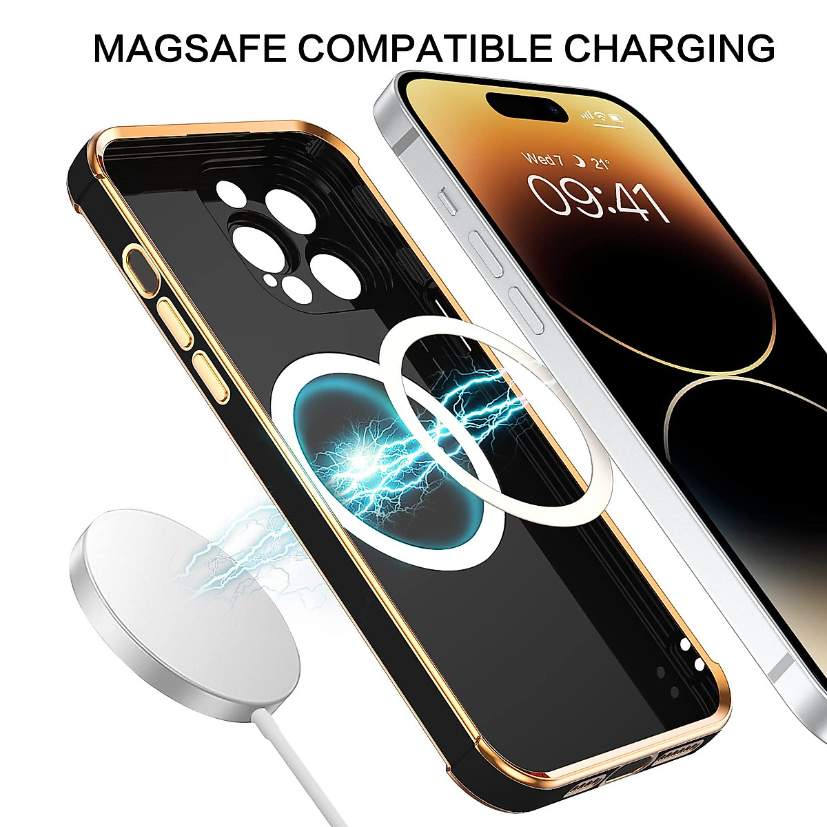 BENTOBEN iPhone 14 Pro Max Phone Case [Compatible with Magsafe] Slim Thin Luxury Gold Heart Design Shockproof Protection Soft TPU Bumper Drop Protective Girls Women Boy Men 14 ProMax Cover, Black/Gold