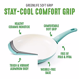 GreenLife Soft Grip Healthy Ceramic Nonstick 16 Piece Kitchen Cookware Pots and Frying Sauce Pans Set, PFAS-Free, Dishwasher Safe, Turquoise