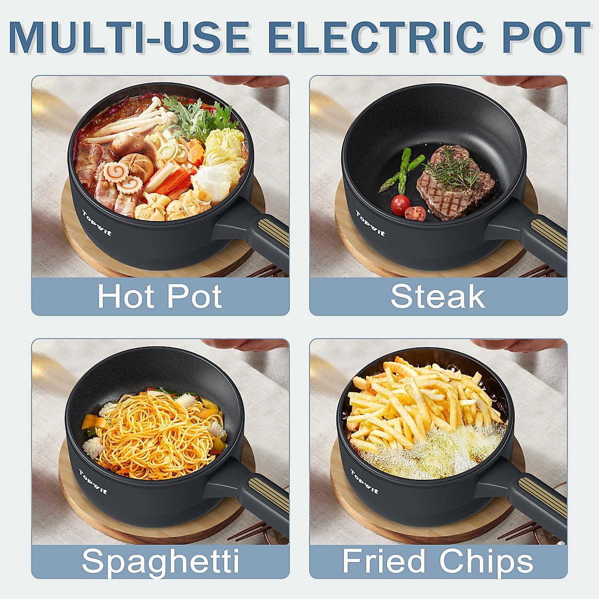 TOPWIT Hot Pot Electric with Steamer, 2L Multifunctional Electric Pot, Non-Stick Fring Pan, Portable Pot for Steak, Fried Rice, Ramen, Soup with Dual Power Control (Silicone Spatula Included), Grey