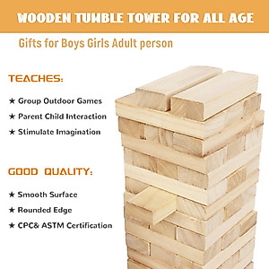 WOODENFUN Large Wooden Tumbling Tower Game, Stack to Over 18 in 57pcs Jumbo Yard Games Outdoor Timber Stacking Game Night Toy Gift for Kids Adults Family