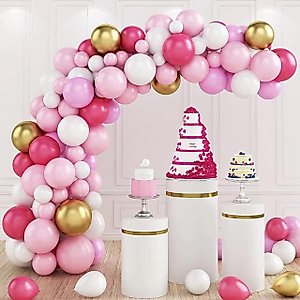 Pink Balloons Arch Kit Garland,103pcs Hot Pink Metallic Gold White Balloons, Pink Balloon Arch for Birthday Wedding Bridal Girl Baby Shower Party Decorations