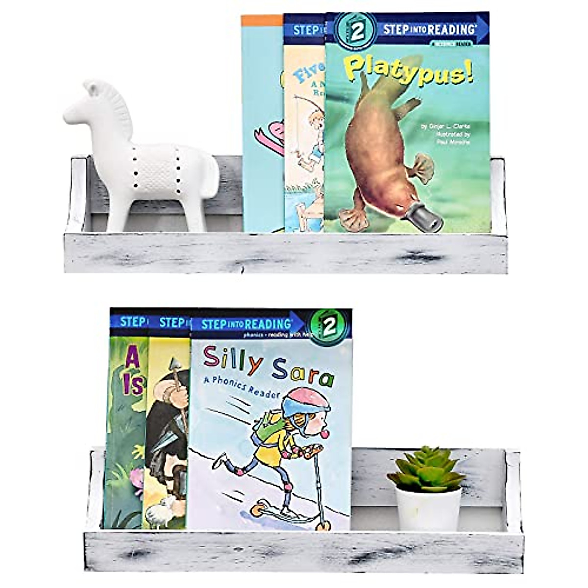 WELLAND Wood Floating Nursery Shelves, Rustic Kids Floating Shelves, Wall Mount Kids Bookshelf Set of 2 White | 15.75" W x 3.5" D x 3.9" H