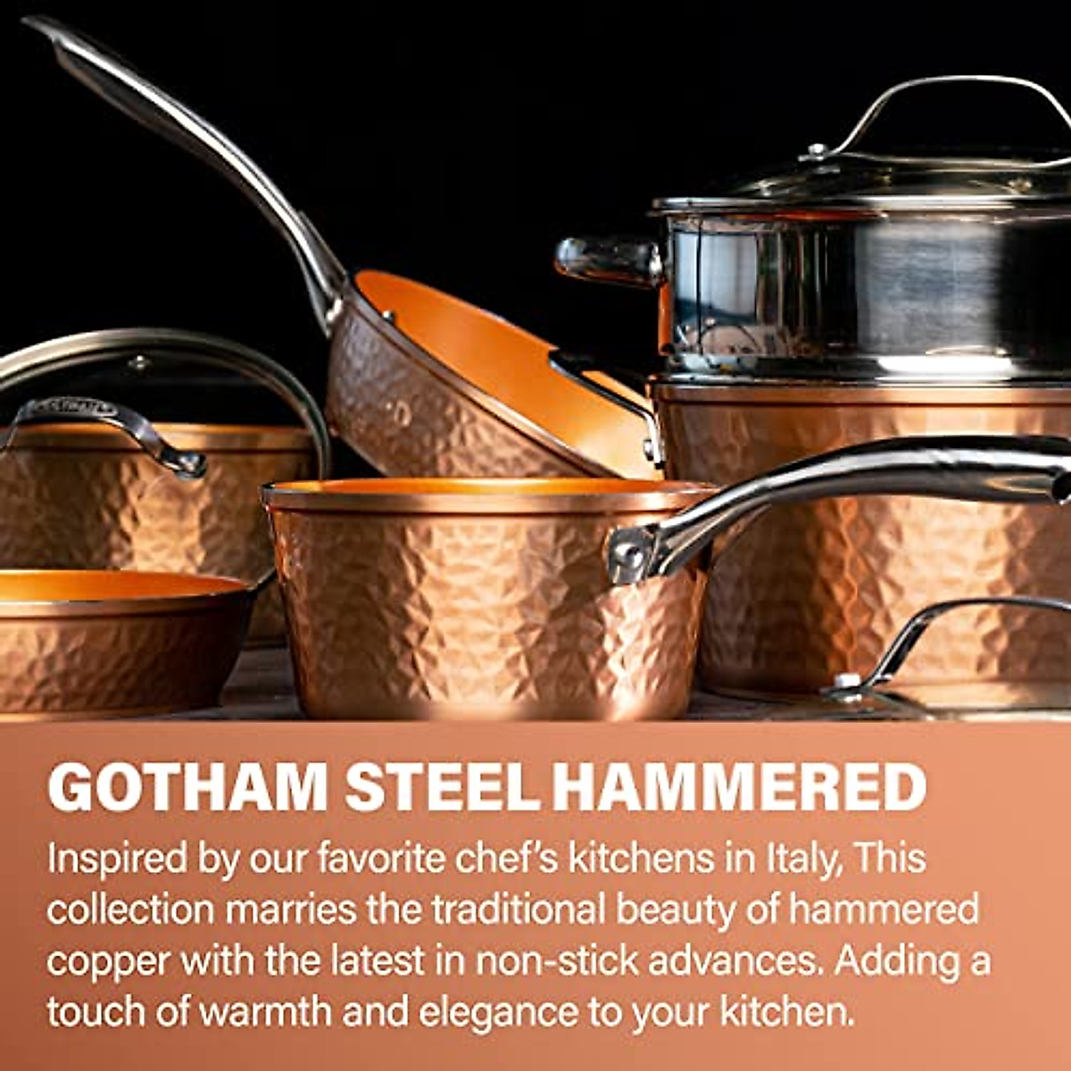 Gotham Steel Premium Hammered Cookware – 5 Piece Ceramic Cookware, Pots and Pan Set with Triple Coated Nonstick Copper Surface & Aluminum Composition for Even Heating, Oven, Stovetop & Dishwasher Safe