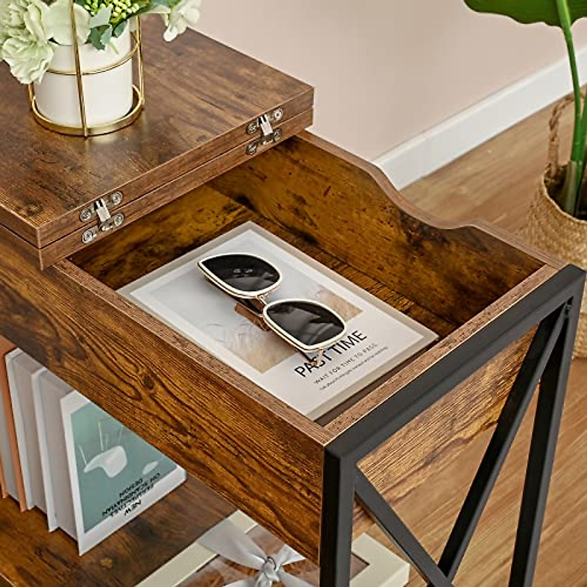 WEENFON Side Table Set of 2, End Tables with Storage, 2 Tier Sofa Table for Small Space, Flip Top Narrow Nightstand, Bedside Tables, X-Shaped Enhanced Legs, Tall Couch Table for Living Room, Bedroom