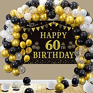 Trgowaul 60th Birthday Decorations Men Women - Black Gold Happy 60 Birthday Backdrop Banner, 2 Pcs Happy Birthday Tablecloth, 60 Pcs Latex Confetti Balloons, 60 Years Old Birthday Party Supplies Gifts
