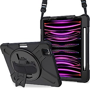 ProCase for iPad Pro 12.9 Inch Case 2022 2021 2020 2018, Rugged Heavy Duty Shockproof Cover with Hand Strap Shoulder Strap for iPad Pro 12.9" 6th 5th 4th 3rd Generation –Black