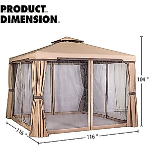 Skiway 10'x 10' Patio Gazebo Canopy Outdoor Tent Shelter with Double Square Tops, Shade Curtains and Mosquito Netting -Brown, Front Porch