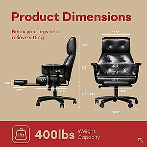 SeekFancy Reclining Office Chair with Footrest, Big and Tall Office Chair 400lbs Wide Seat, Leather High Back Executive Office Chair, Ergonomic Vintage Desk Chair, Heavy Duty Black Computer Chair